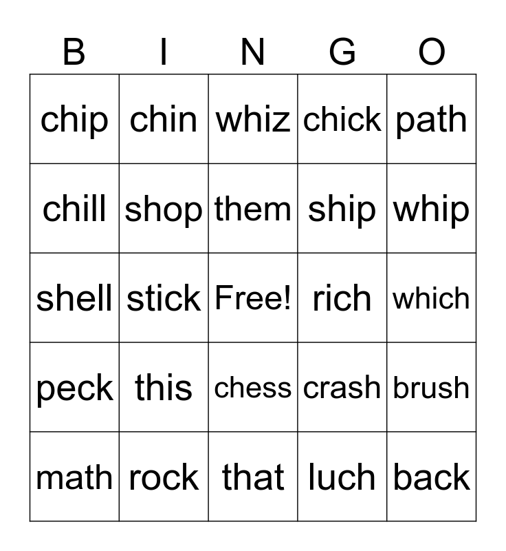Digraph Bingo Card