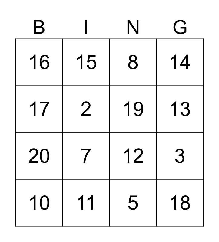 Numbers 1-20 Bingo Card
