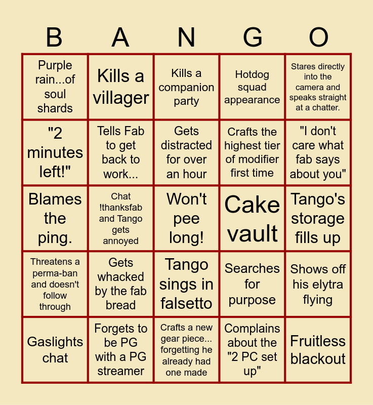 BANGO BINGO Card