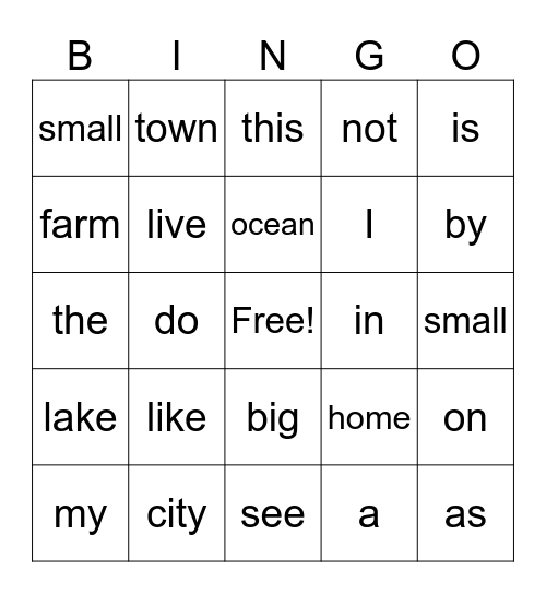 Sight Words Bingo Card
