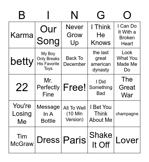 Taylor Swift Music Bingo #4 Bingo Card