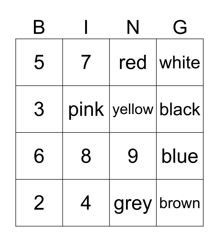 Numbers and Colours Bingo Card