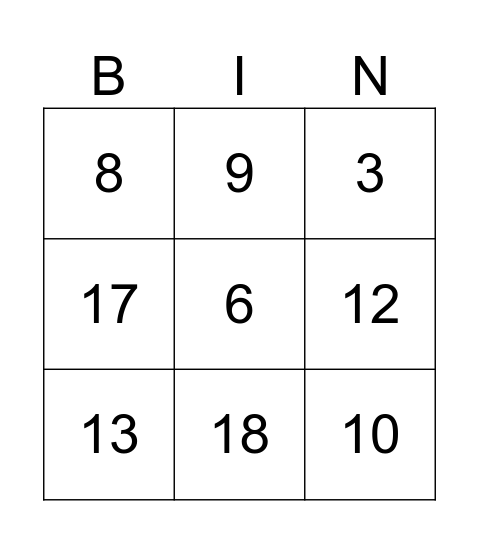 Numbers Bingo Card