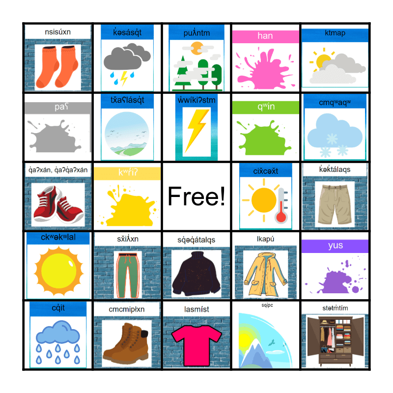 weather, seasons, clothes, colors Bingo Card