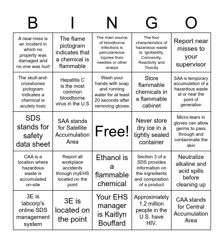 EHS Bingo Card