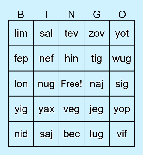 CVC Nonsense Words Bingo Card