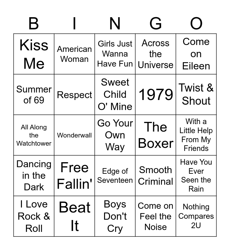 Song Covers Bingo Card