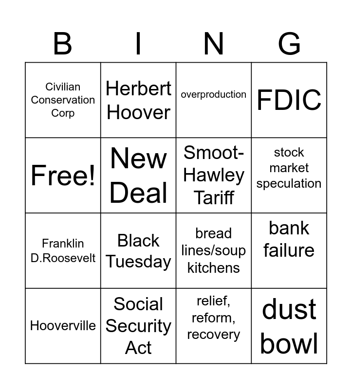 Great Depression Bingo Card