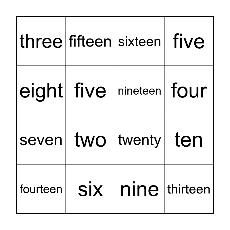 Numbers 1-20 Bingo Card