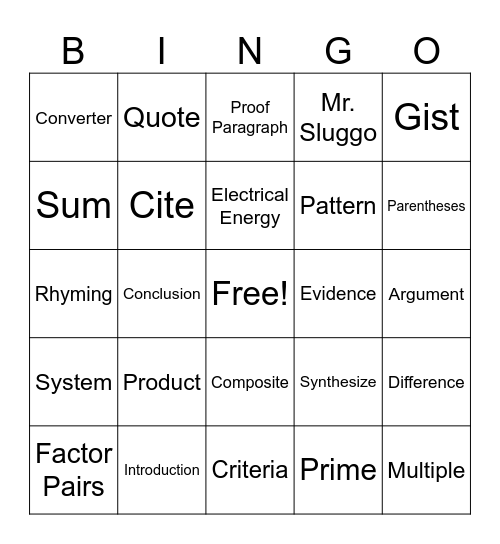 4th Grade Bingo Card
