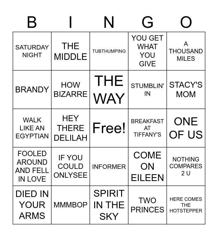 1 HIT WONDERS Bingo Card