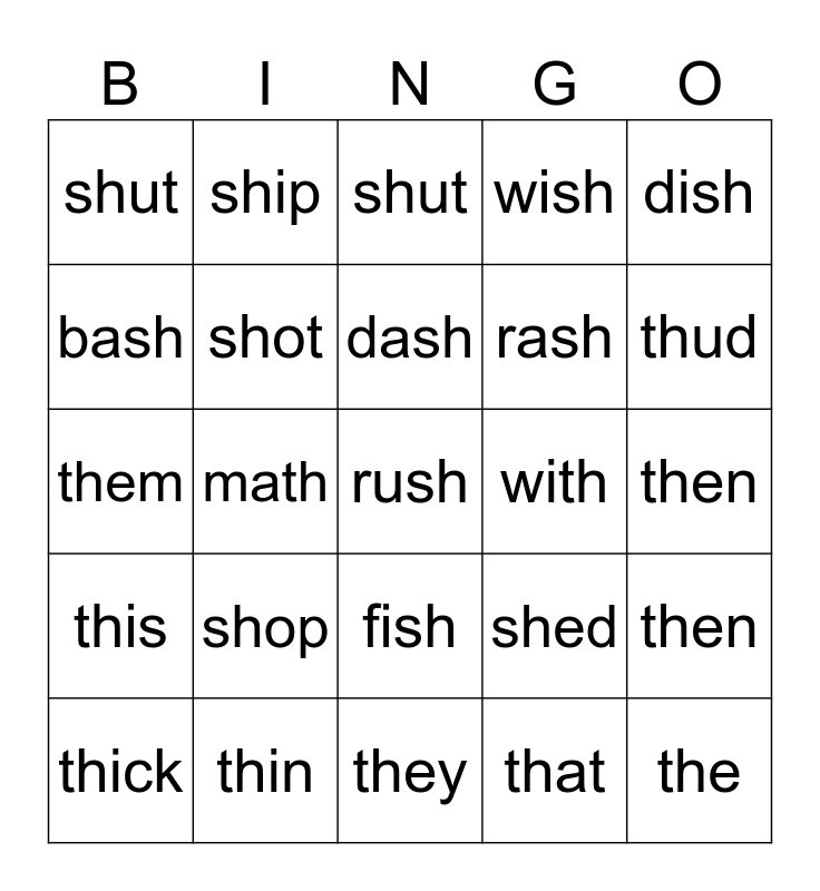 Digraphs SH and TH Bingo Card