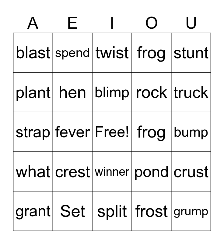 Short Vowels Bingo Card