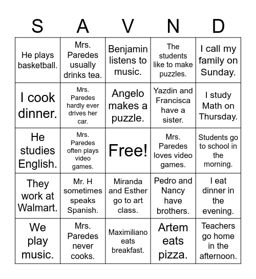 Simple Present Bingo Card