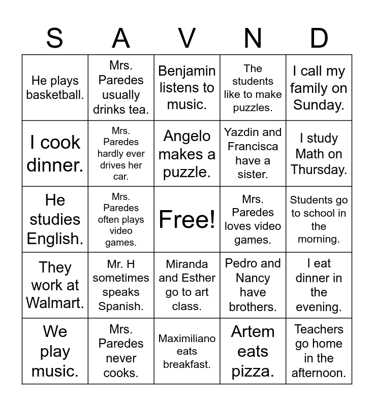 Simple Present Bingo Card