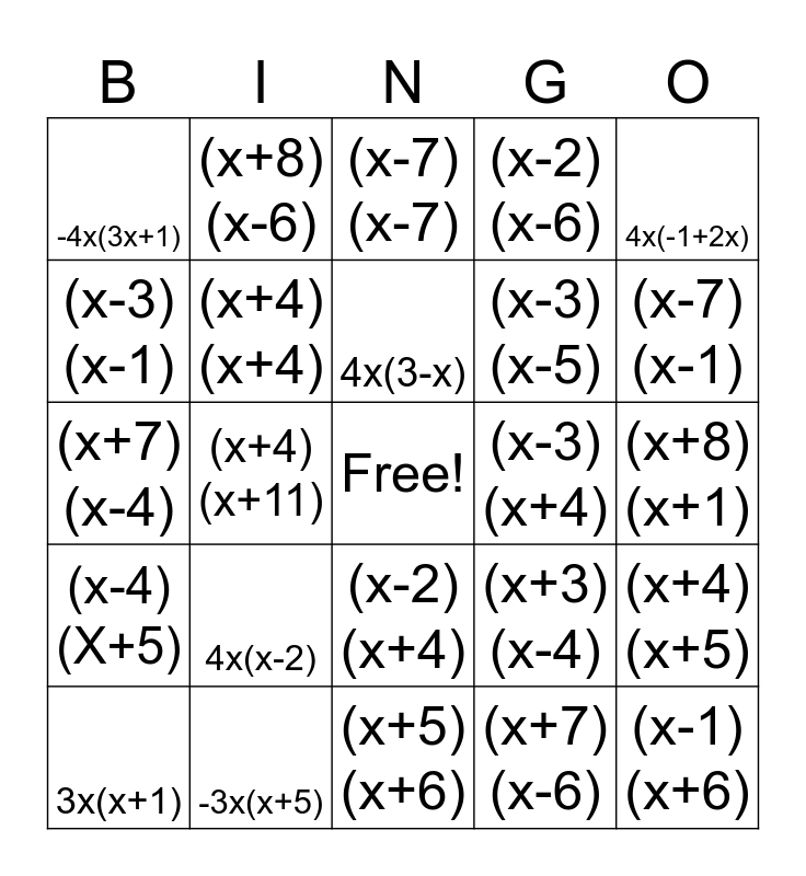 Factoring Trinomials and Binomials Bingo Card
