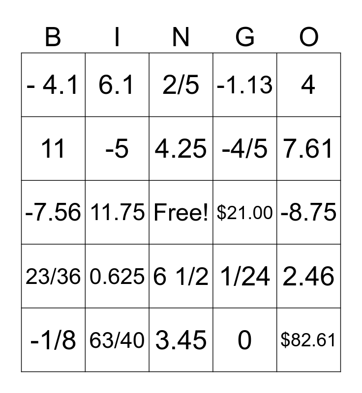 Rational Number Bingo Card