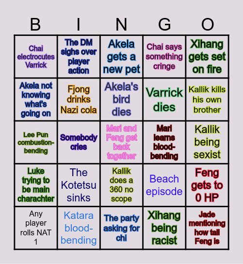 Avatar roleplay Bingo Card