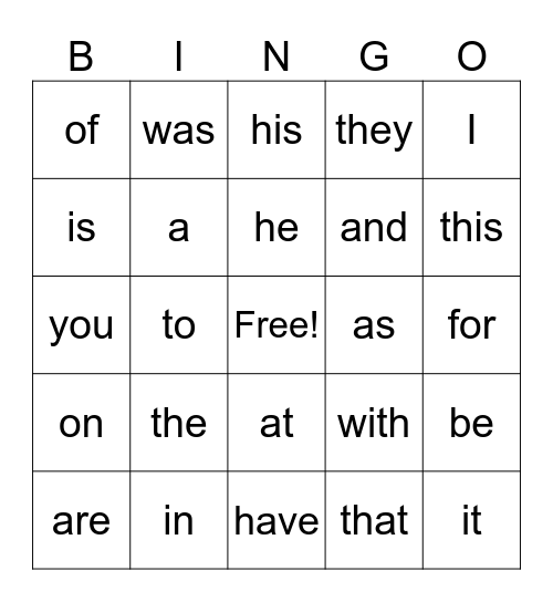 Fry Words 1-25 Bingo Card