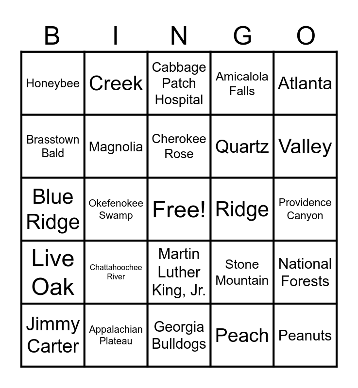 Bingo of Georgia Bingo Card