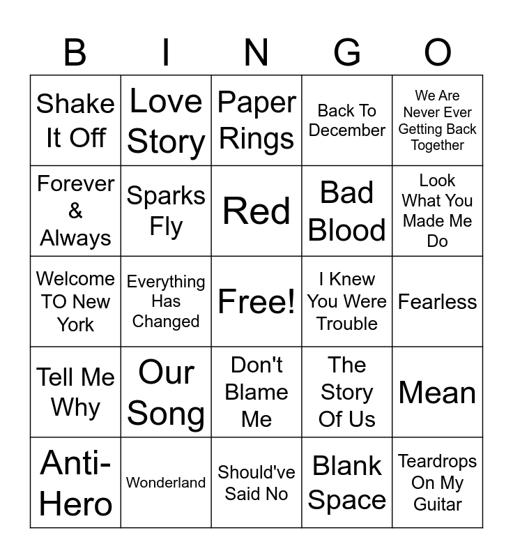 Taylor Swift! Bingo Card