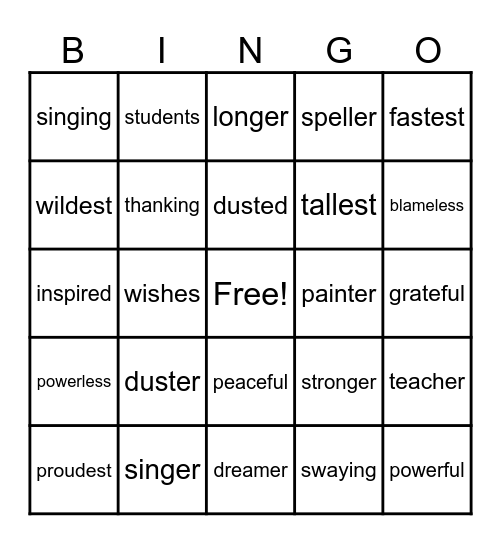 Suffix Bingo Card
