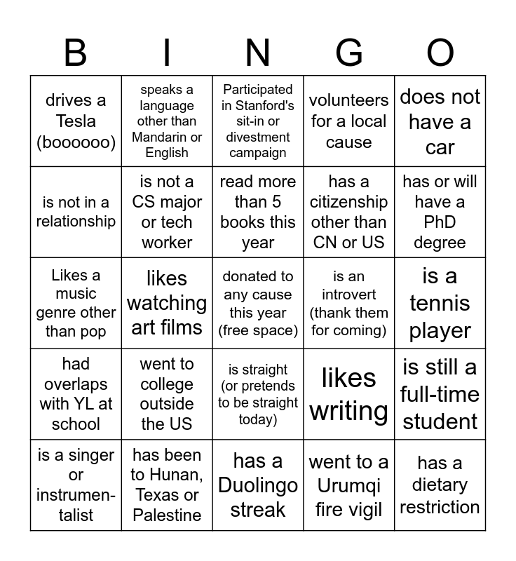 Talk to someone who ... (write their name down) Bingo Card