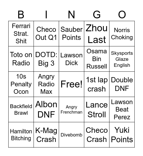 Ultimate F1 Bingo Card