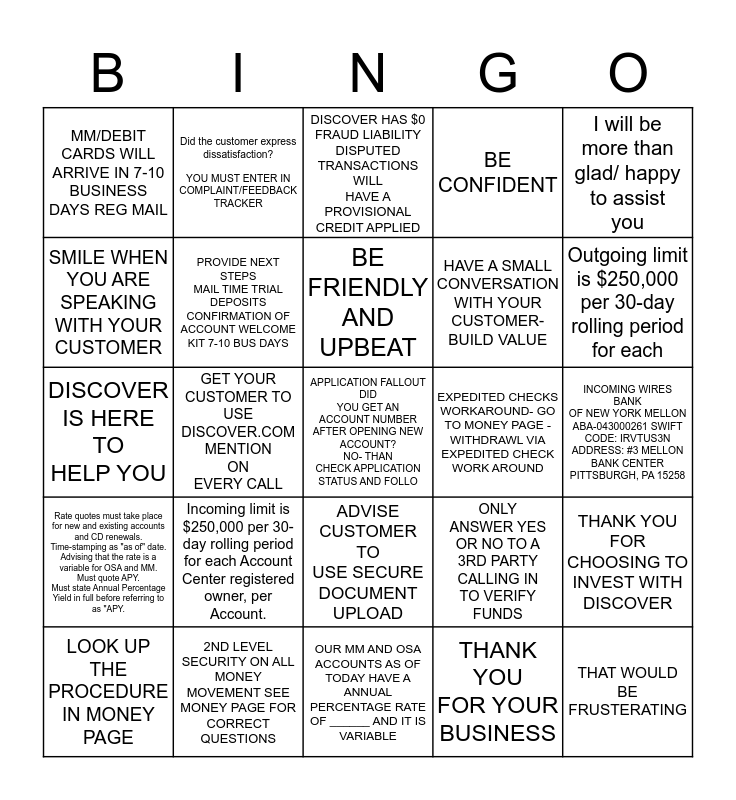 Front Office Bingo Card