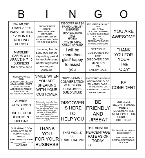 Front Office Bingo Card