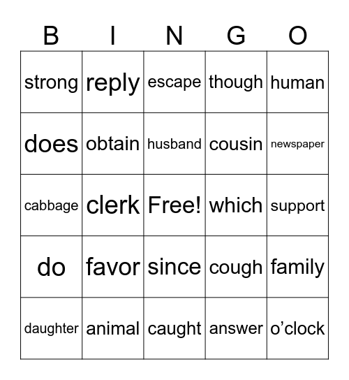Spelling Bingo Card