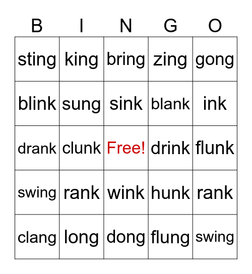 Welded Sounds -ng -nk Bingo Card