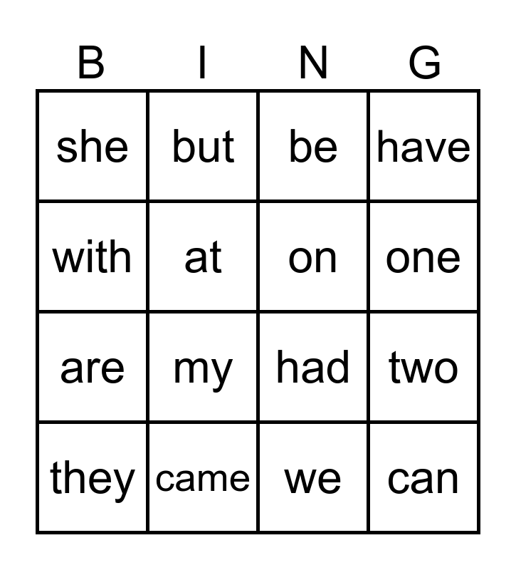 Bronze Common Words Bingo Card