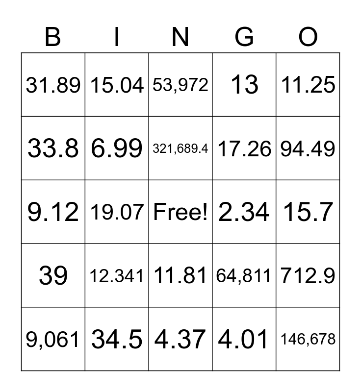 Add/Subtract Bingo Card