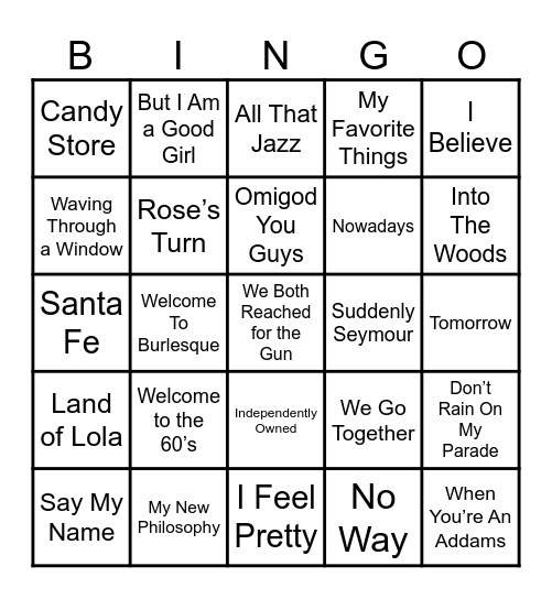 Broadway Musical Bingo Card