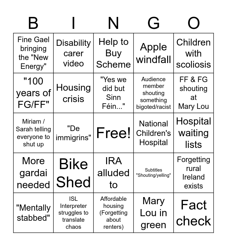 Leaders Shouting Match / Debate Bingo Card