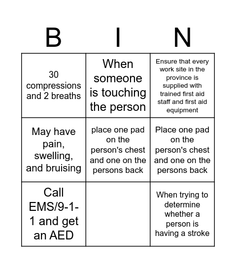 First Aid BINGO Card