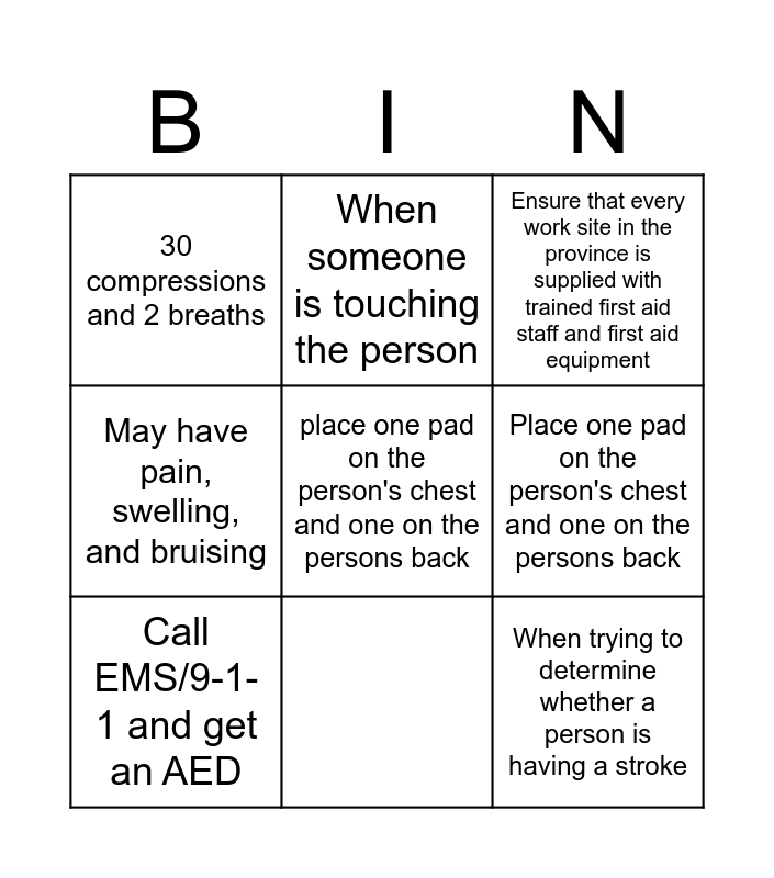 First Aid BINGO Card