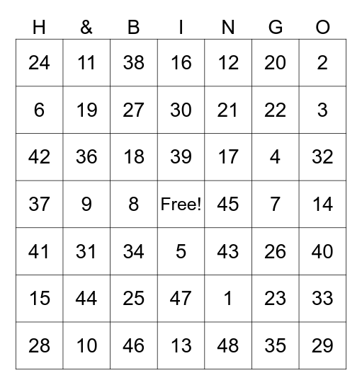 H&Bingo Card