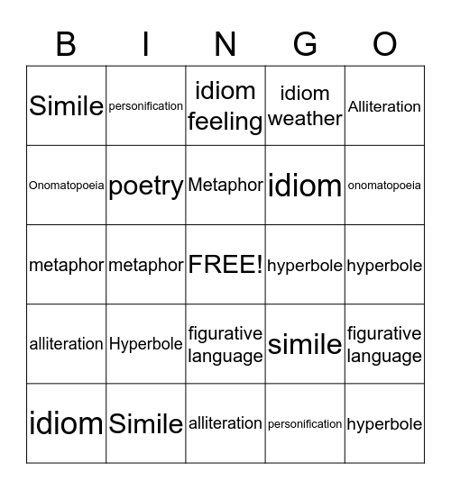 Figurative Language Bingo Card