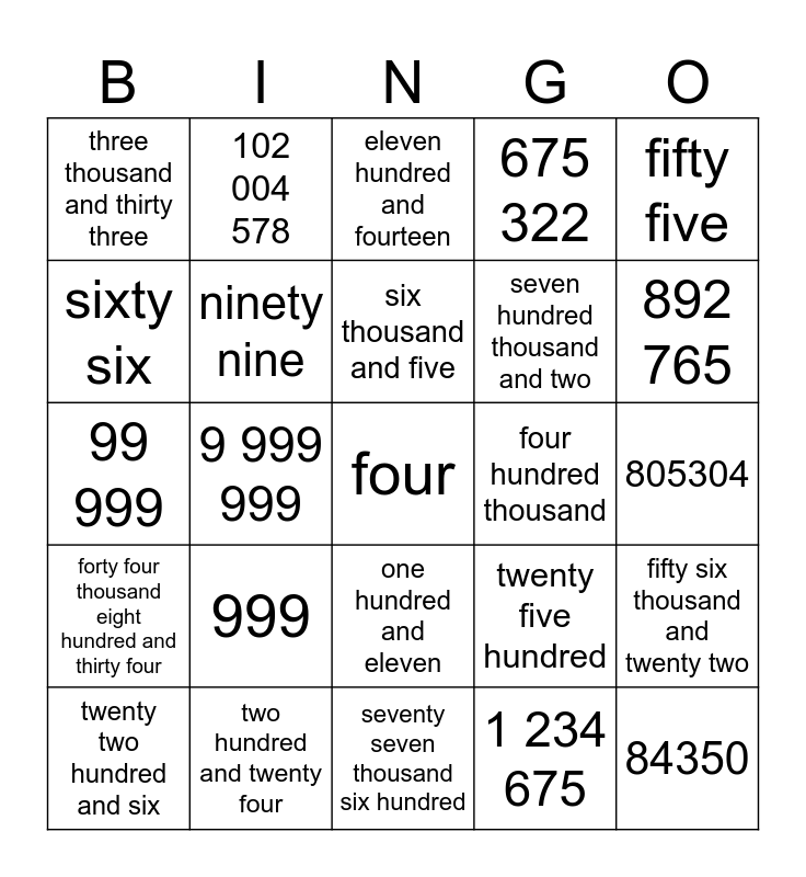 Large Number Bingo Card