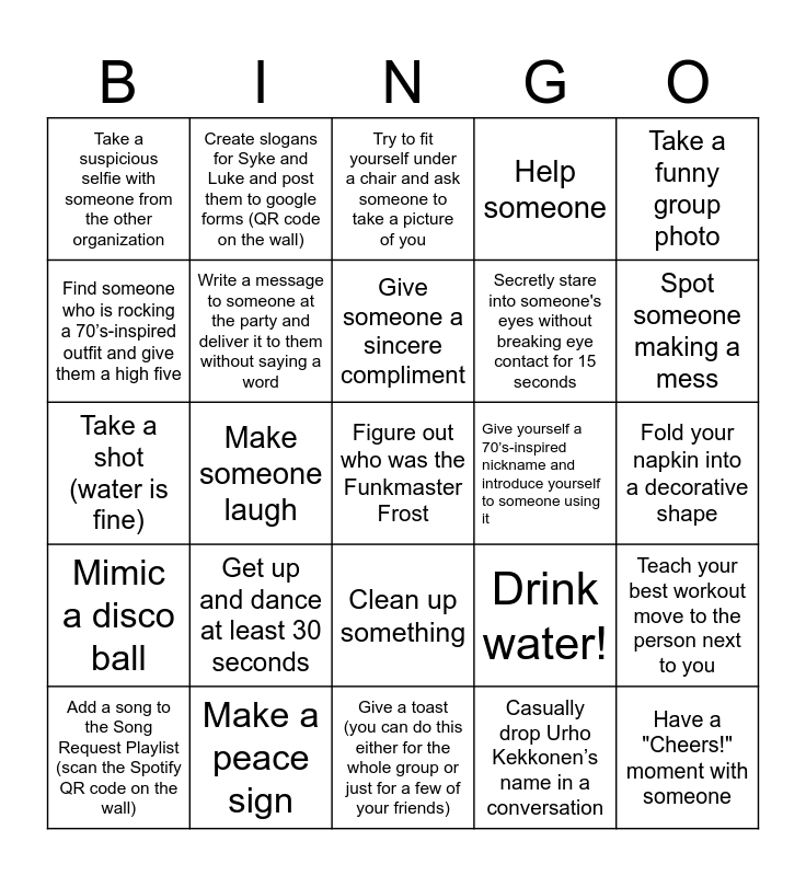 Bingo – 70's Pre-Christmas Party Edition Bingo Card