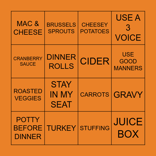 THANKSGIVING DINNER BINGO! Bingo Card