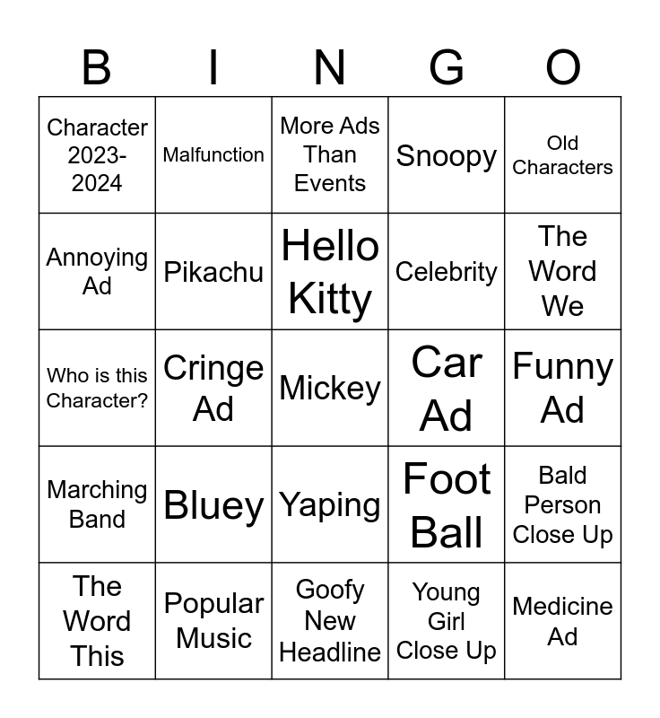 Macy's Thanksgiving Parade Bingo Card