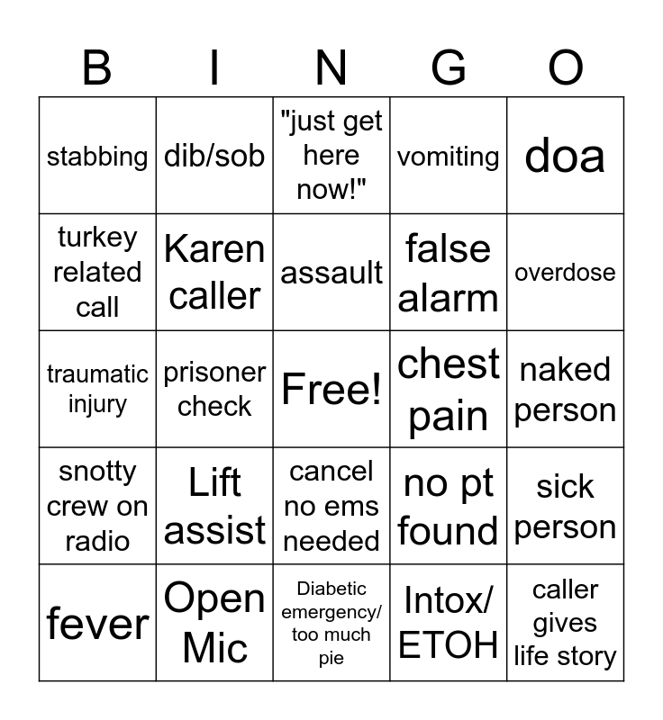 Thanksgiving 911 Dispatch Bingo Card