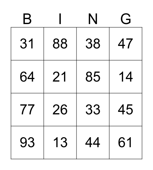 Bingo des nombres Bingo Card