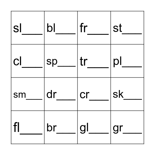 Consonant Blend BINGO Card