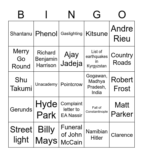 Wikipedia Bingo Card