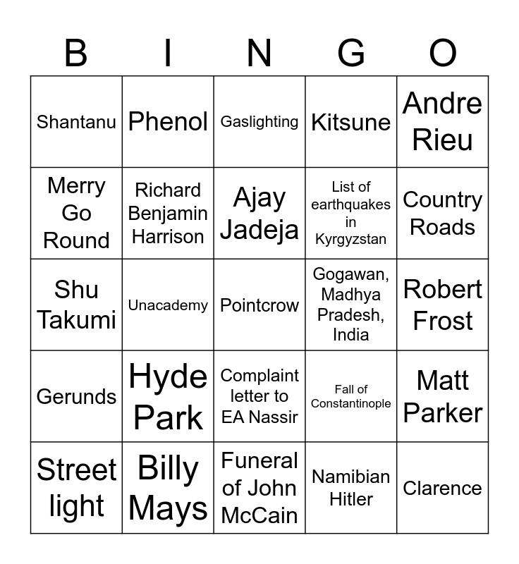 Wikipedia Bingo Card