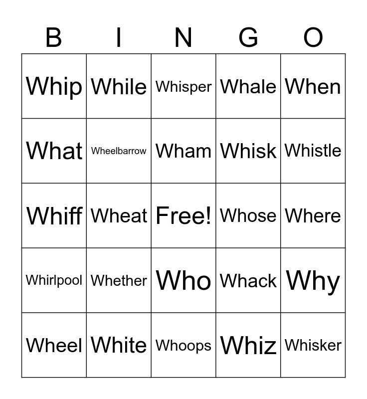 Wh Words Bingo Card